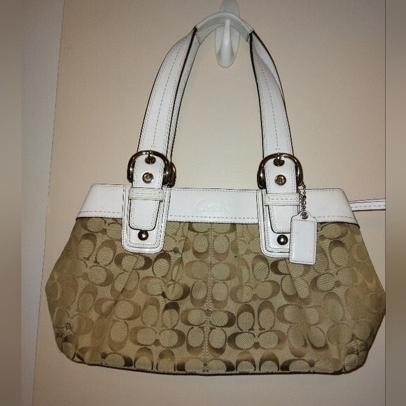Coach | Bags | Coach Soho Signature Pleated Bag Purse Tan White | Poshmark
